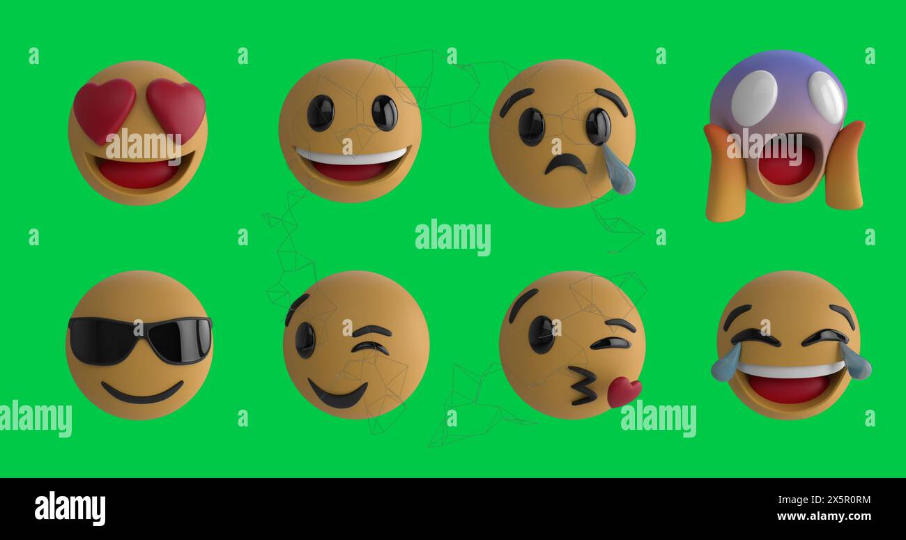 Image of network of connections over rows of emoji emoticon icons over ...