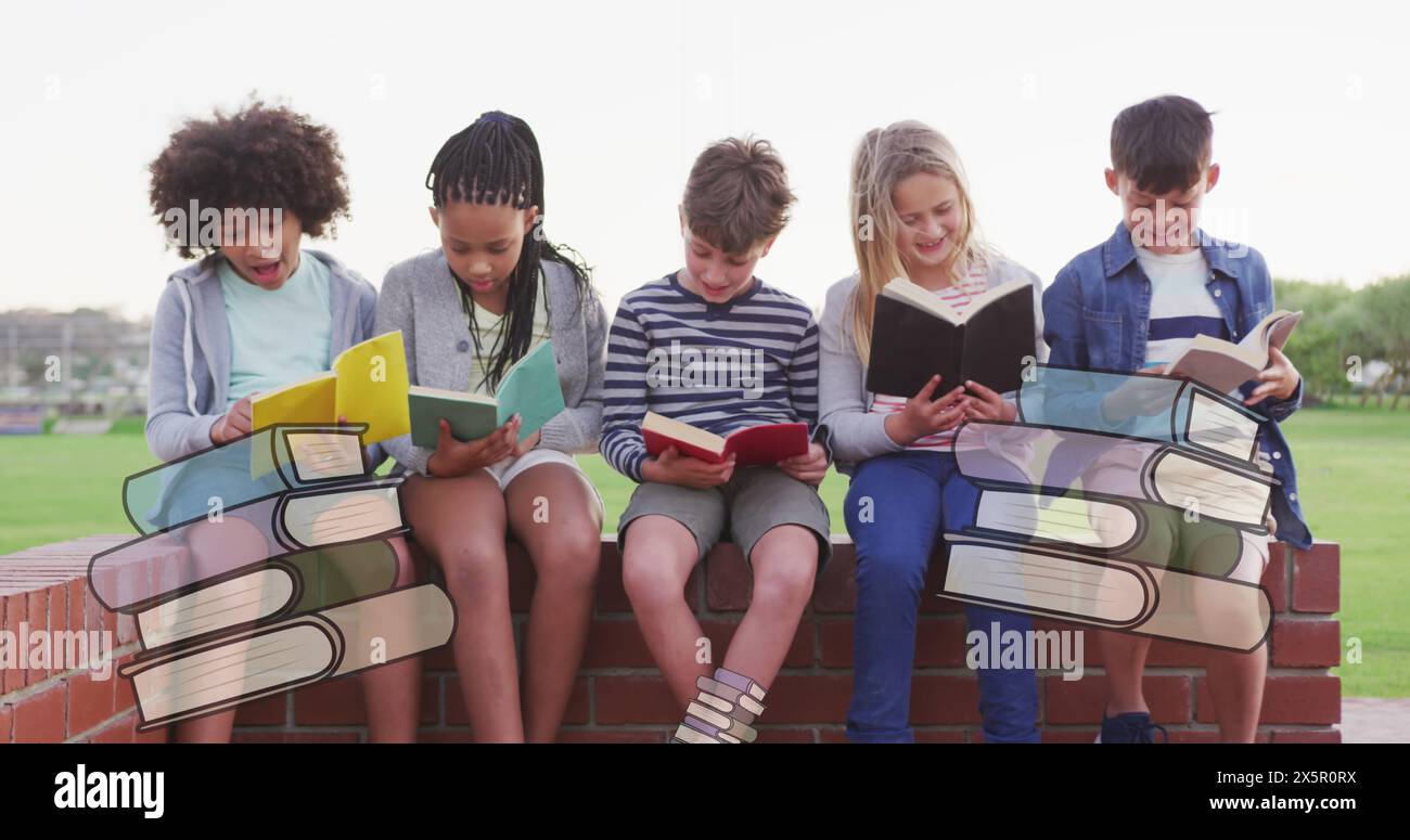 Image of books moving over happy diverse school kids reading book at ...