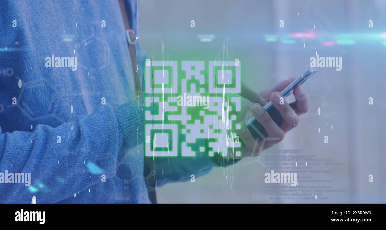 Image of shapes, lights and qr code over hands of caucasian man using ...