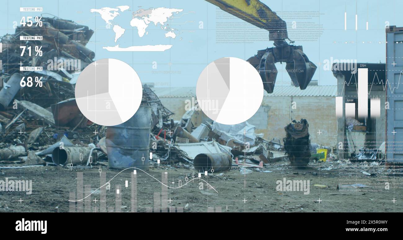 Image of infographic interface over scrap shearing machine pilling up ...