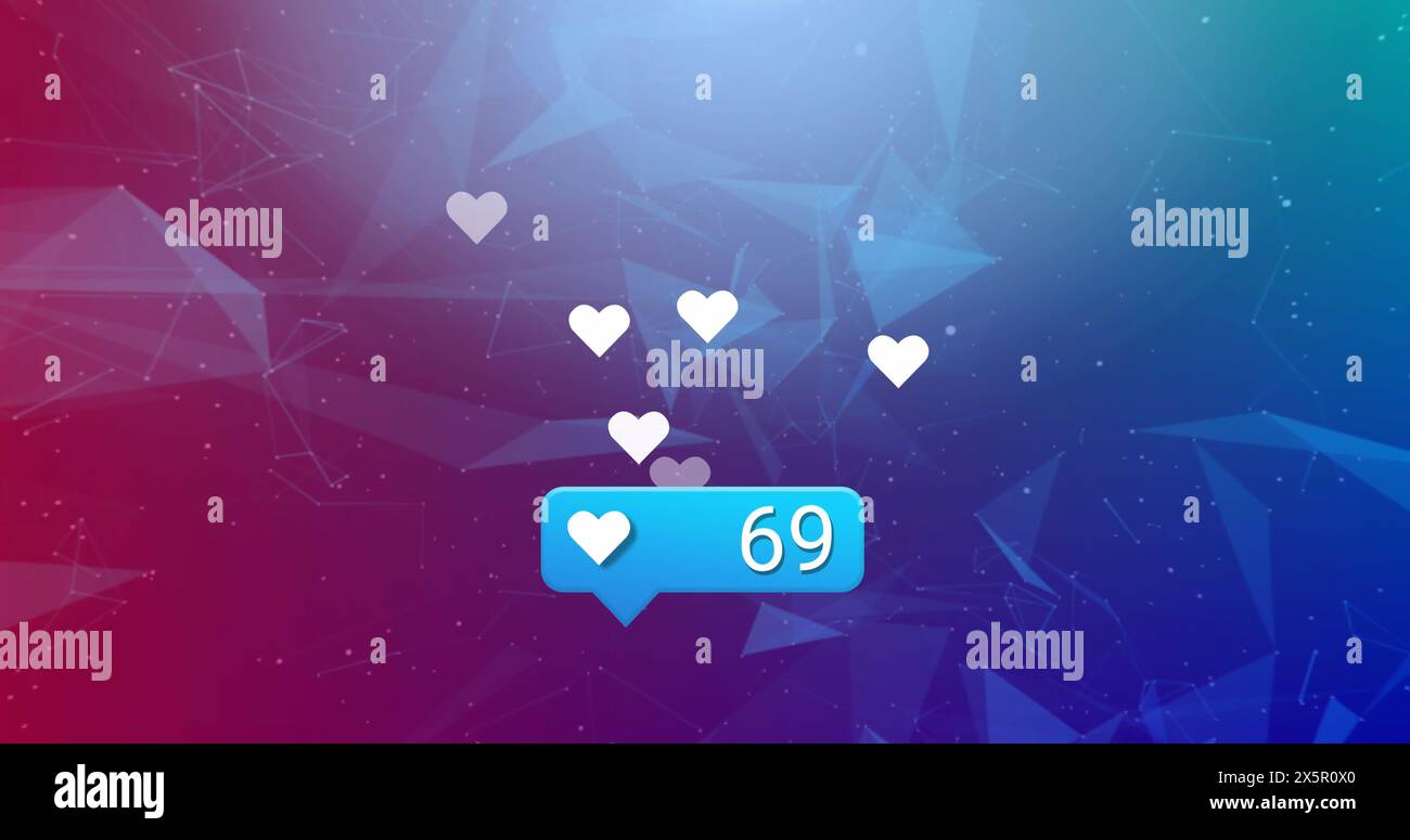 Image of social media reactions over shapes on red and blue background ...