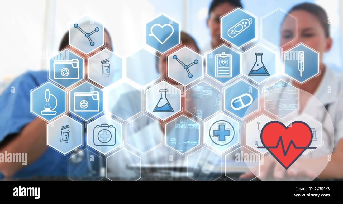 Image of medical icons over diverse doctors talking Stock Photo - Alamy