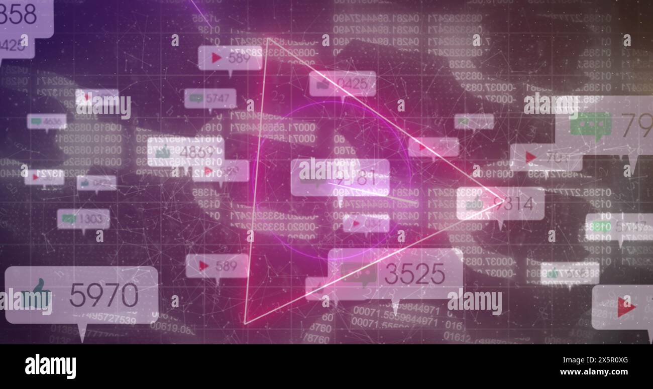 Image of social media reactions and block chain on violet background ...