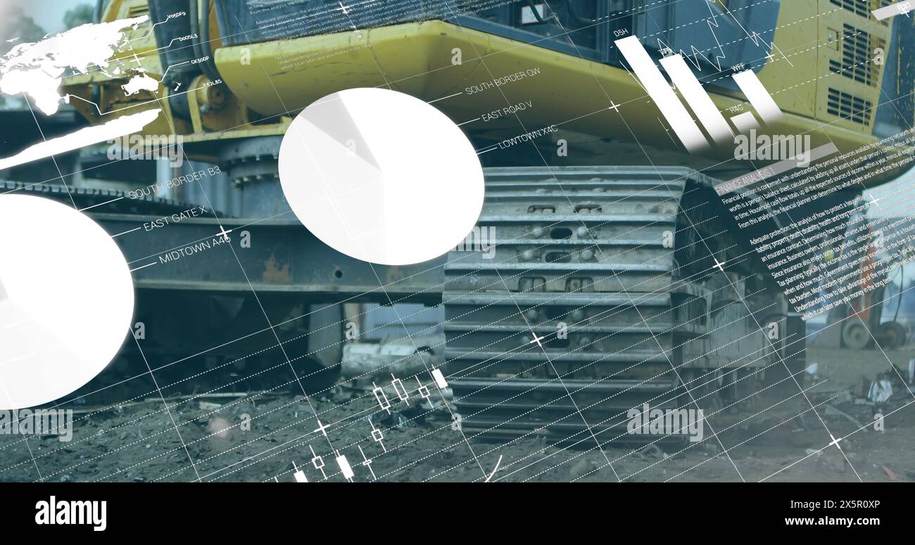 Image of infographic interface over midsection of scrap yard machinery ...