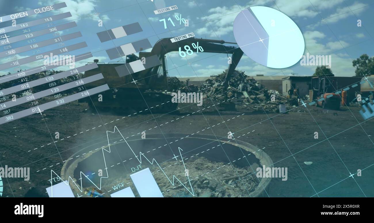 Image of infographic interface over crane piling up metal scrap in ...