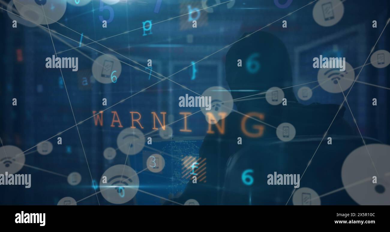 Image of cyberattack text, data processing over network of connections and hacker Stock Photo ...