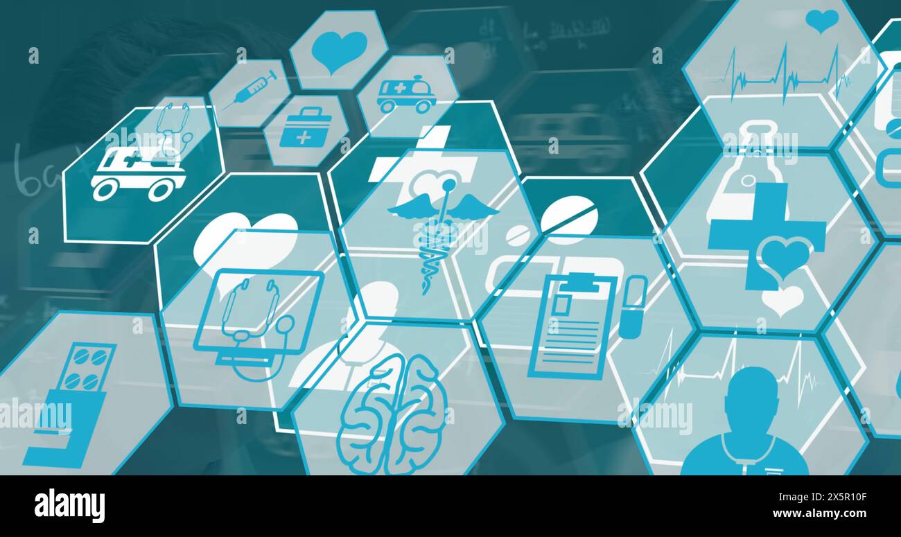 Image of medical icons over caucasian doctors talking Stock Photo - Alamy