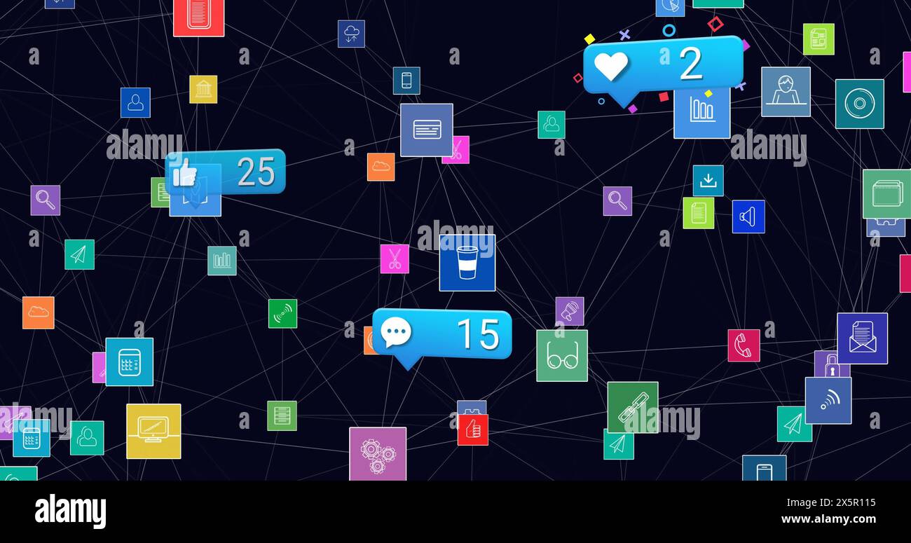 Image of social media reactions and squares on black background Stock ...