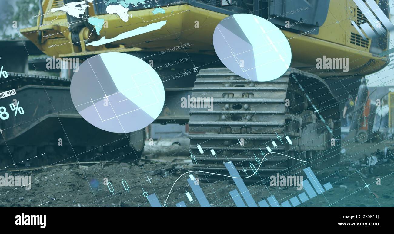 Image of multicolored infographic interface over piled up metal scrap ...