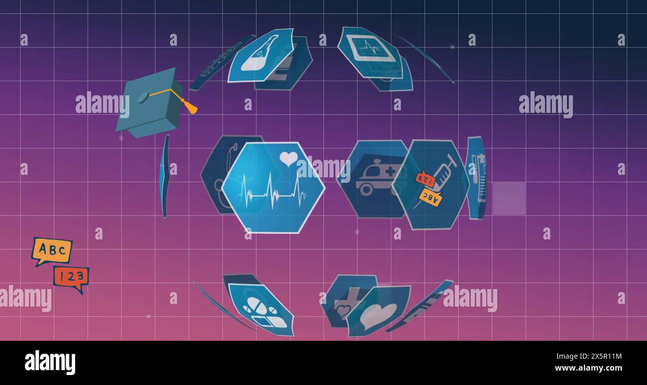 Image of medical icons over school icons Stock Photo - Alamy