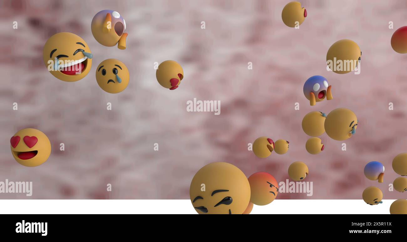 Digital image of multiple face emojis floating over against texture on ...