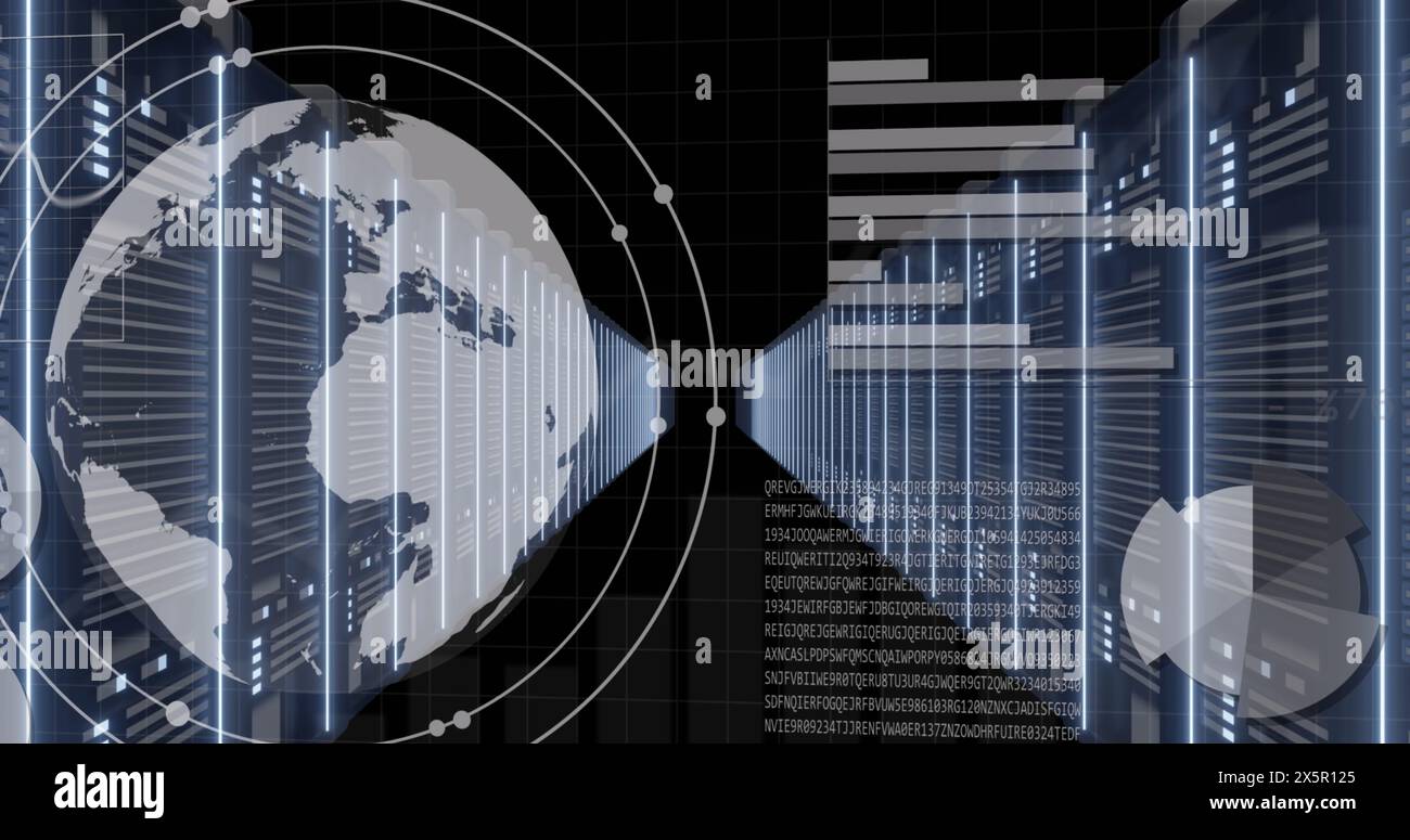 Image of globe in circles, graphs, computer language, data server racks over black background ...