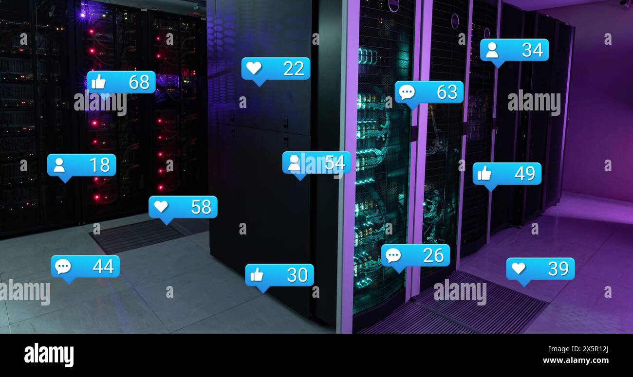 Image of notification with numbers icons over data server racks Stock ...