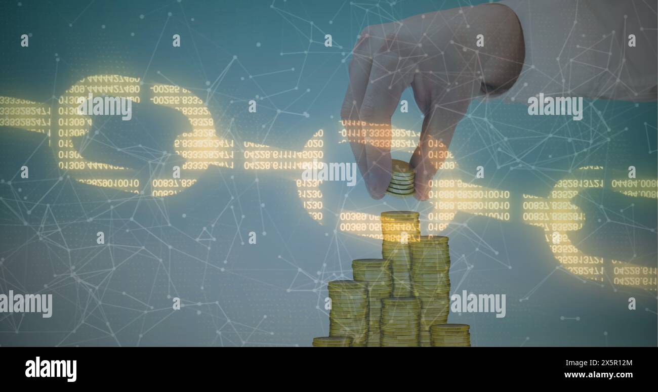 Image of numbers in blockchain and connected dots on caucasian man ...