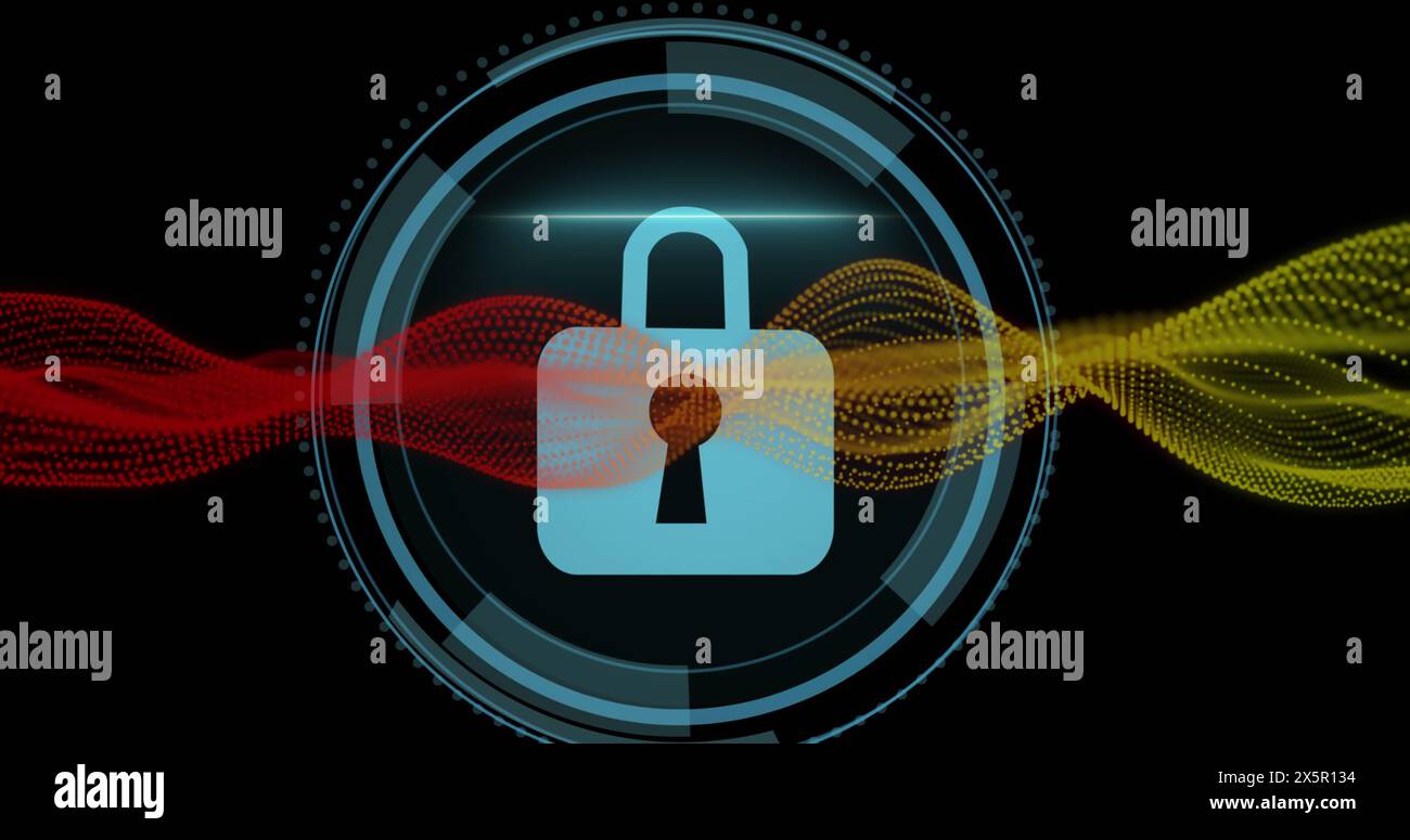 Image of padlock in loading circles with dynamic waves over black ...