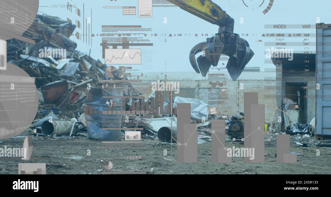 Image of infographic interface over scrap shearing machine pilling up ...