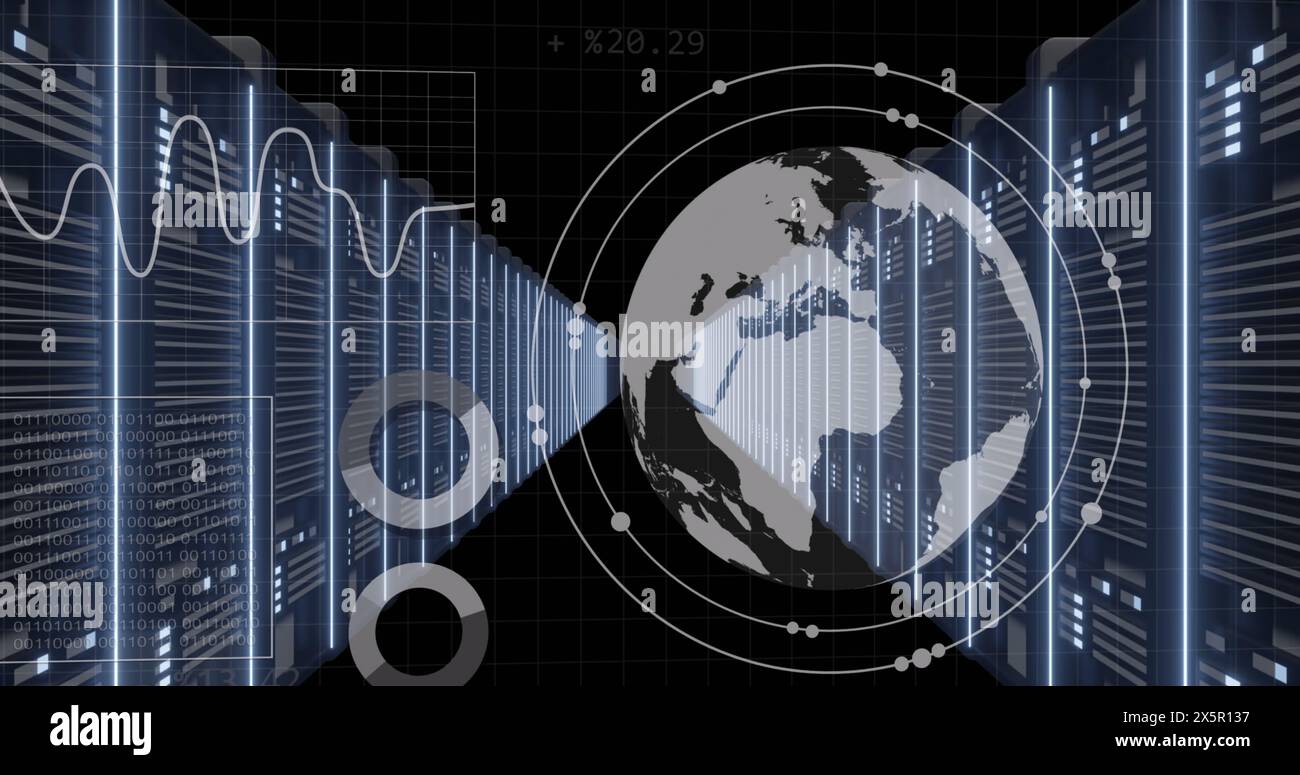 Image of globe in circles, graphs, computer language, data server racks over black background ...