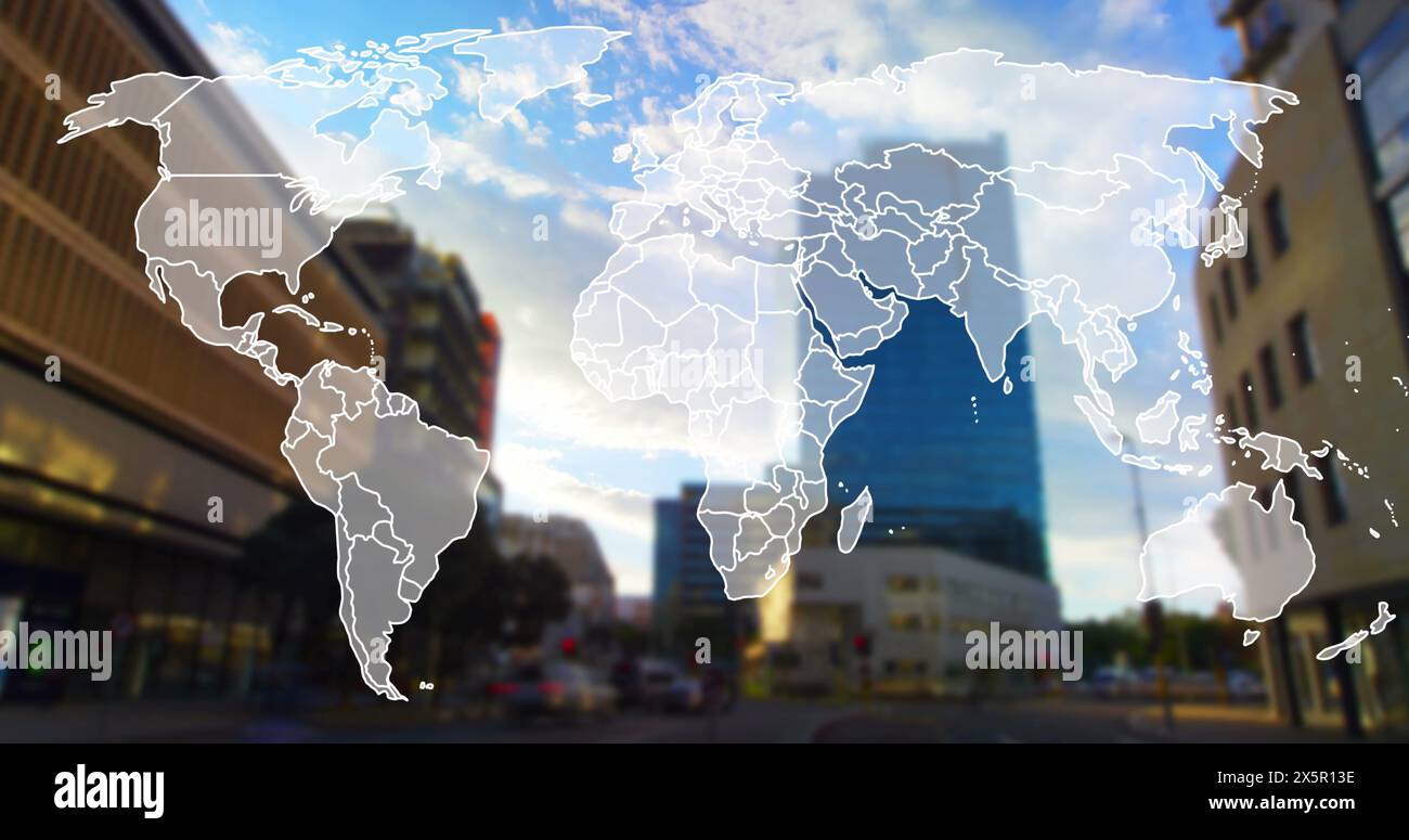 Image of map over time lapse of moving vehicles on street against ...