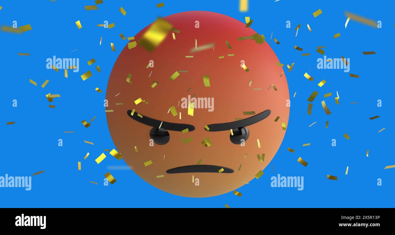 Digital image of golden confetti falling over angry face emoji against ...