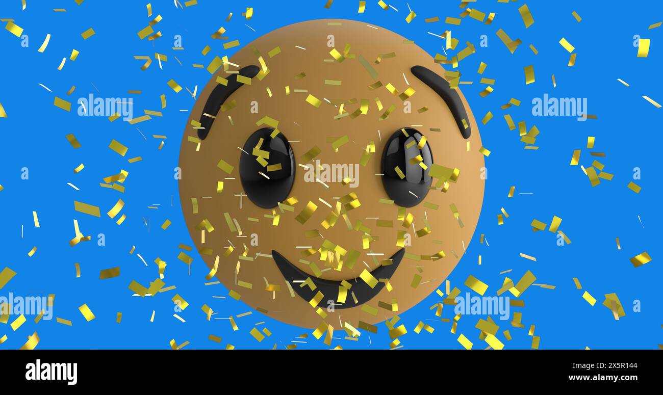Image of confetti falling over smiling emoji icon on blue background ...