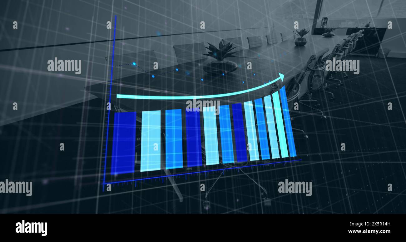 Image of bar graph representing growth over empty chairs and table ...