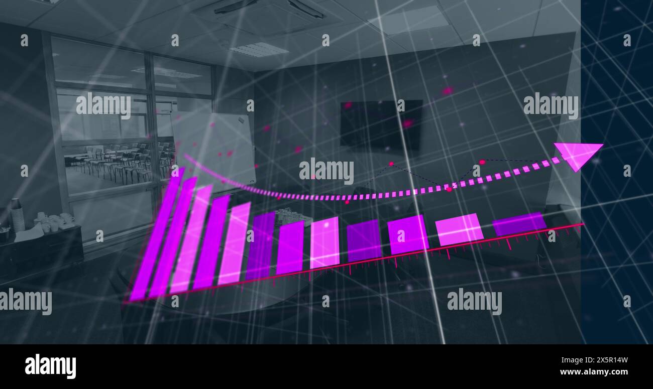 Image of bar graph downgrading over empty chairs and table arranged in ...