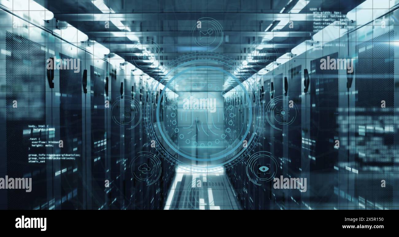 Image of fingerprint, data security text, icons and computer language over data server room ...