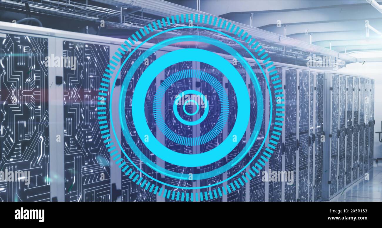 Image Of Loading Circles Over Circuit Board Pattern On Data Server 