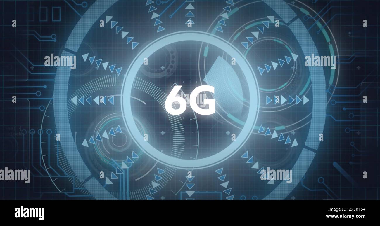 Image of 6g text over round scanner spinning and microprocessor connections Stock Photo - Alamy