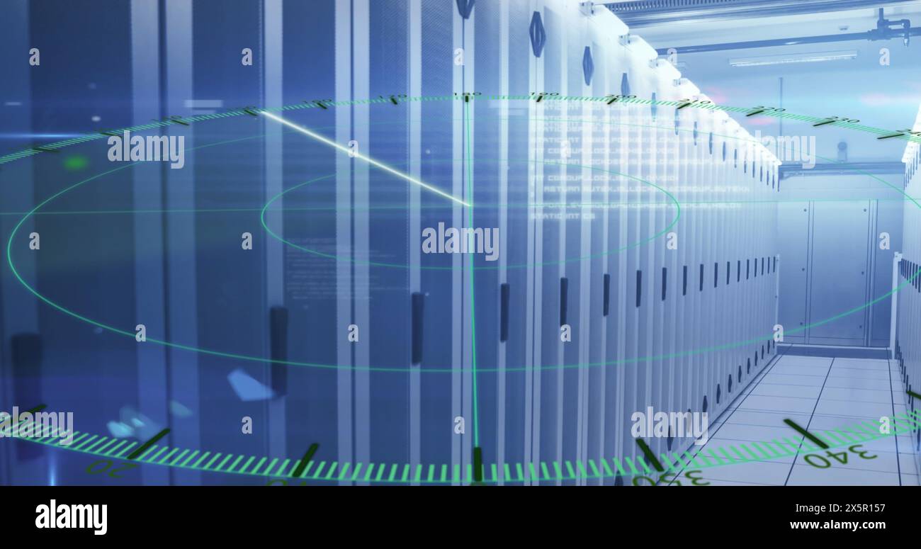 Image of line moving in circle and computer language over data server room Stock Photo - Alamy