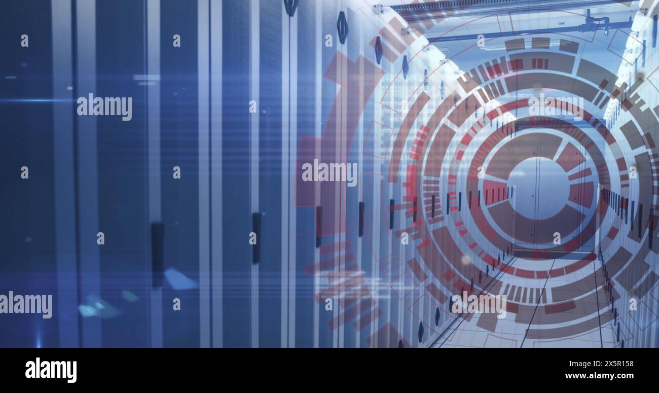 Image of loading circles and computer language over data server room Stock Photo - Alamy