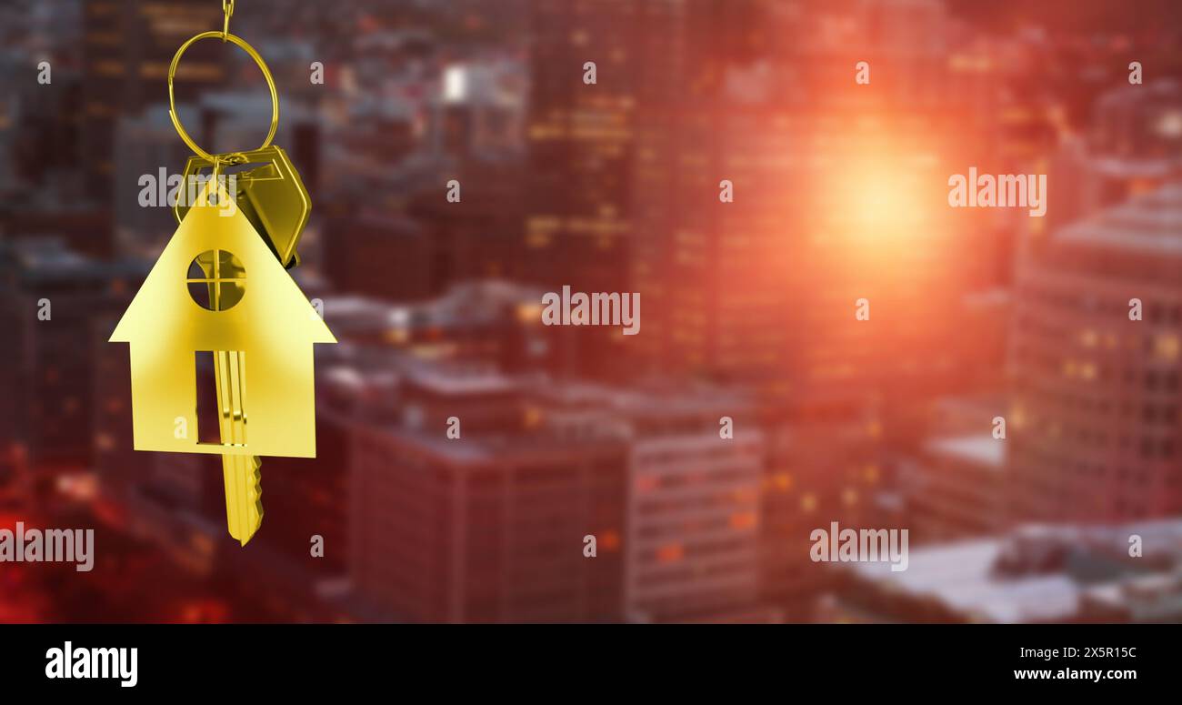 Image of hanging house shaped key chain over illuminated modern ...