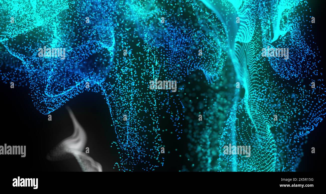Image of glowing dots forming dynamic waves against black background ...