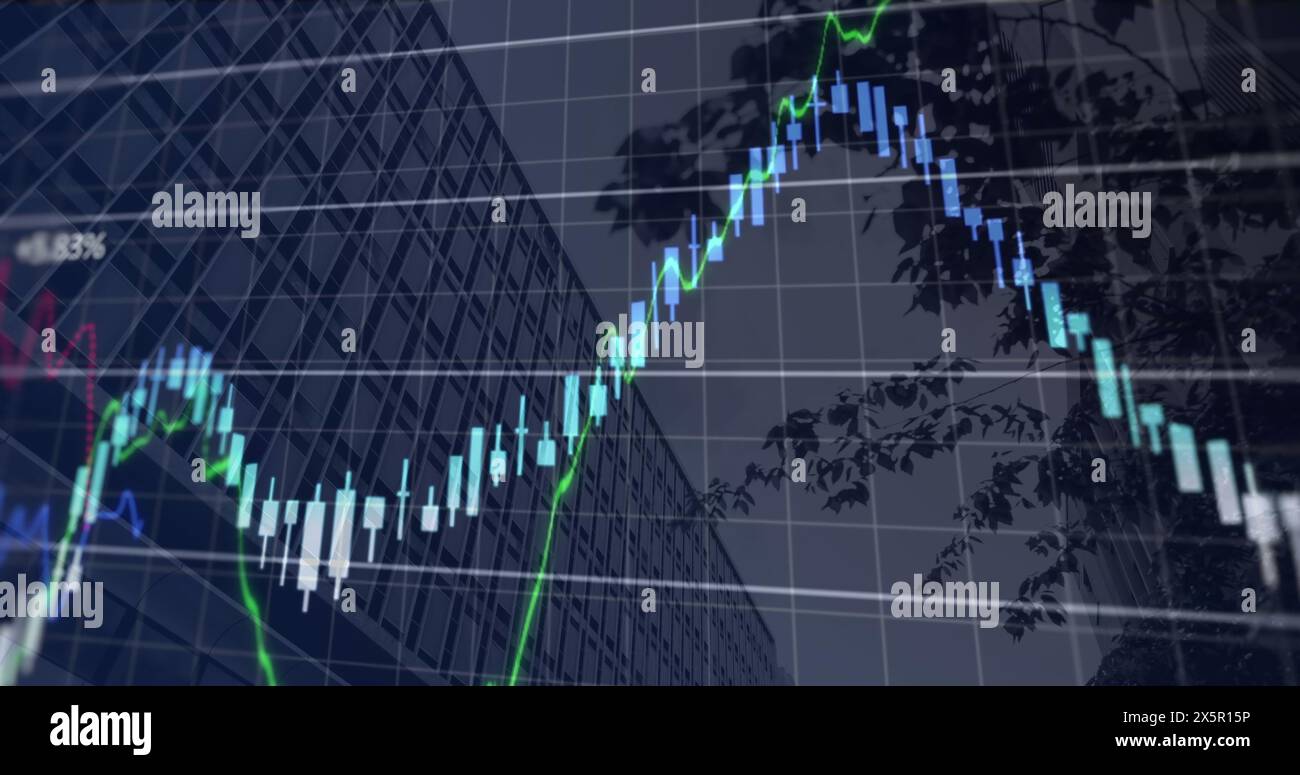 Image of multiple graphs with changing numbers over low angle view of ...