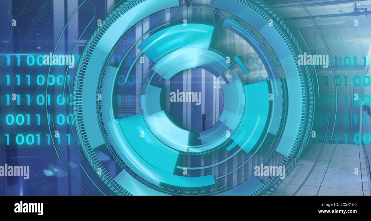 Image of loading circles and binary codes over data server room Stock Photo - Alamy