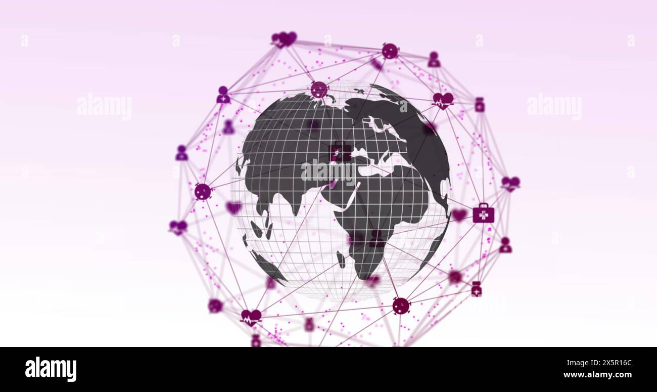 Digital image of globe of medical icons over spinning globe against ...