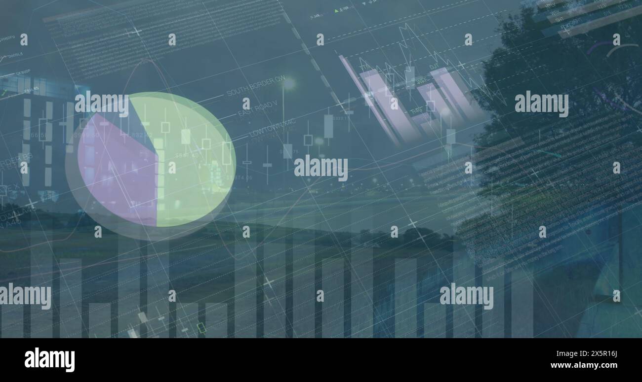 Image of graphs and financial data over timelapse with road traffic ...