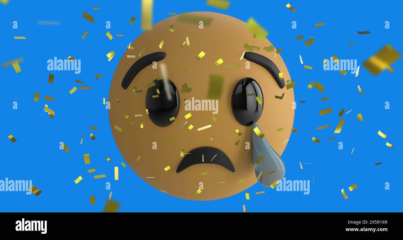 Digital image of golden confetti falling over crying face emoji against ...