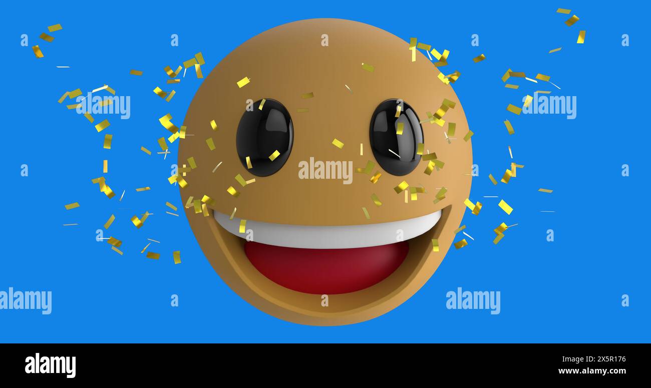 Digital image of golden confetti falling over smiling face emoji ...