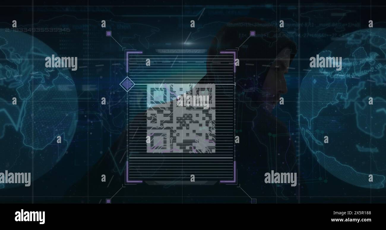 Image of qr code with globes and data processing over caucasian hacker Stock Photo - Alamy