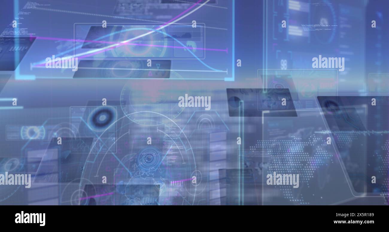 Image of data processing on moving screens over blue background Stock ...
