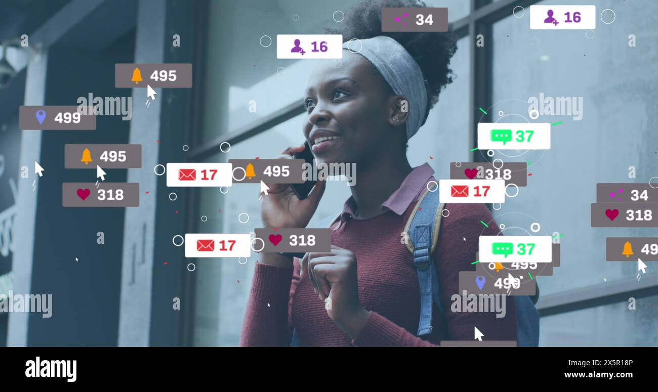 Image of social media icons with numbers over african american woman ...