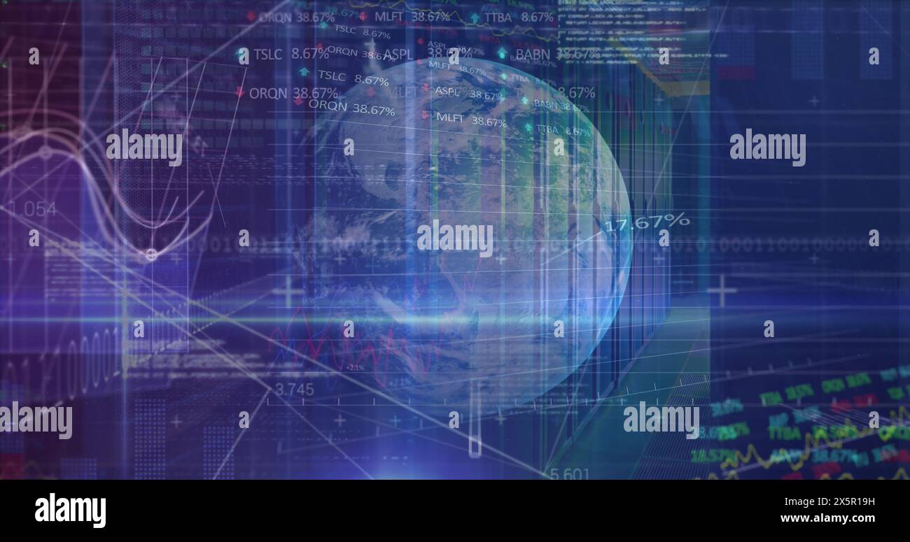 Image of data processing, graphs and connections over globe in blue ...