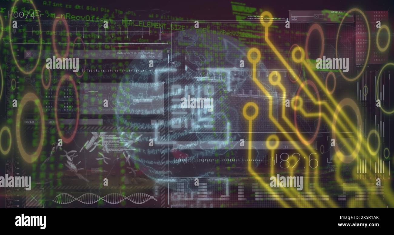 Image of circuit board and globe with qr code over data processing ...