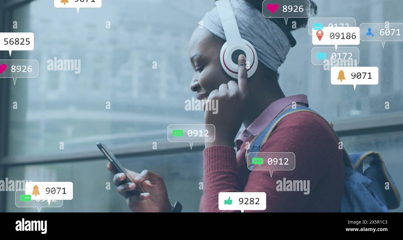 Image of social media icons with numbers over african american woman ...