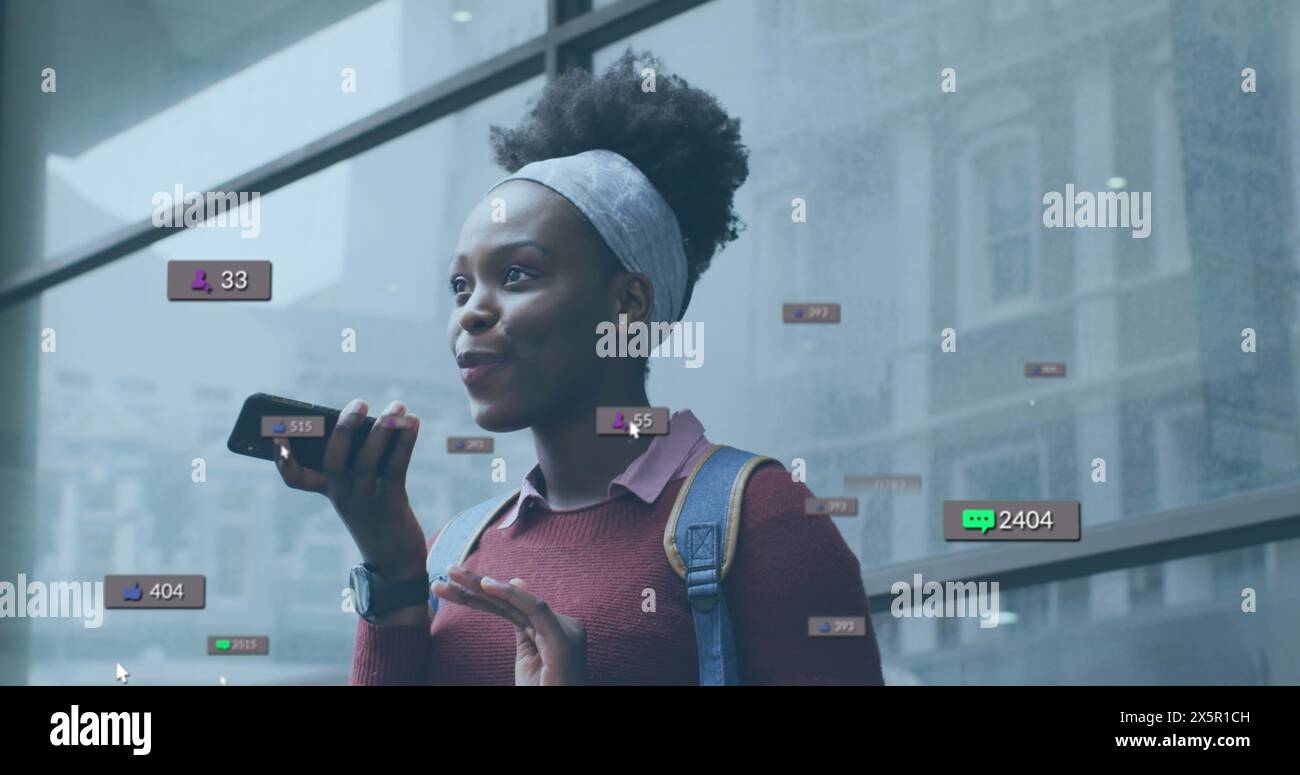Image of social media icons with numbers over african american woman ...