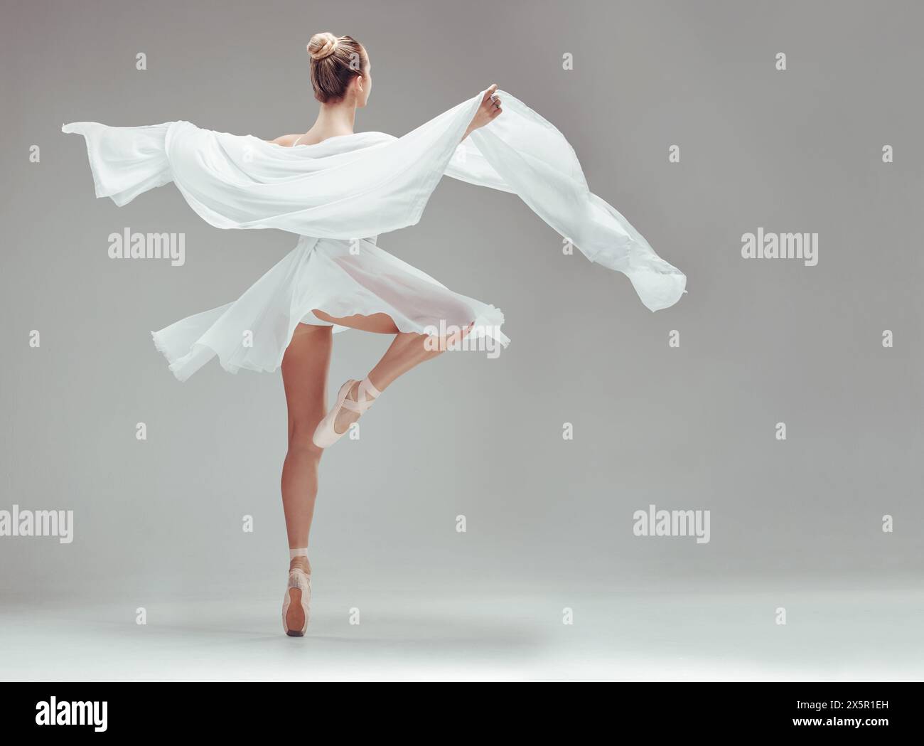 Woman, ballet and fabric for performance in studio with dancing ...