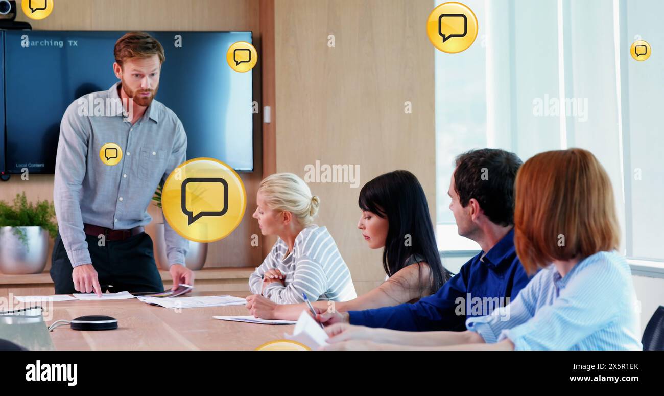 Image of social media data processing over diverse business people in ...