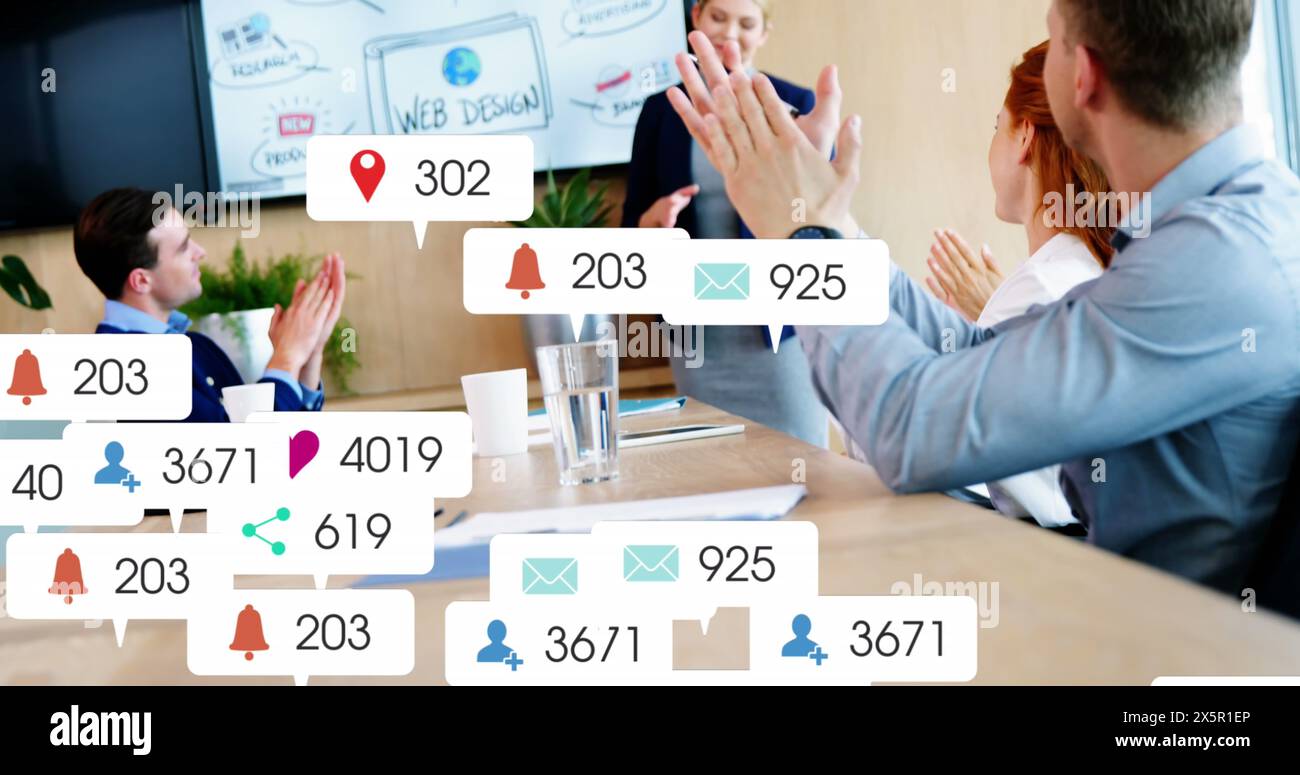 Image of social media data processing over diverse business people in ...