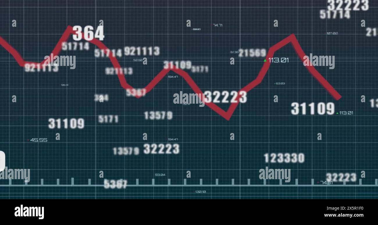 Image of changing numbers over red graph and grid pattern against black background Stock Photo ...